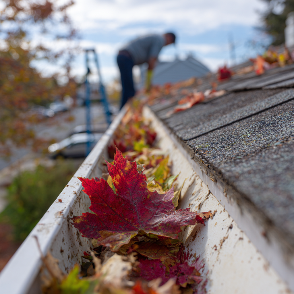 Gutter system perspective view showing red fall leaves accumulated in ...