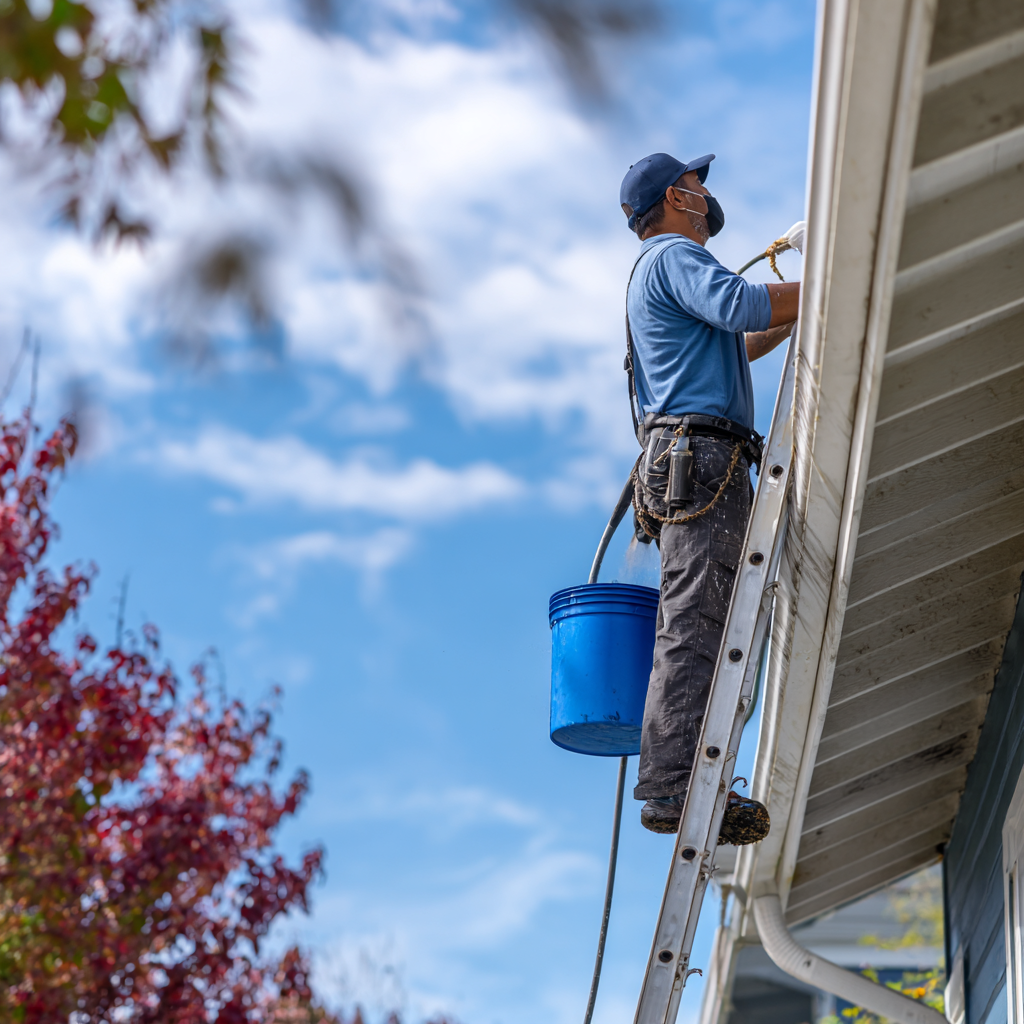 Professional gutter cleaning service technician on ladder maintaining ...